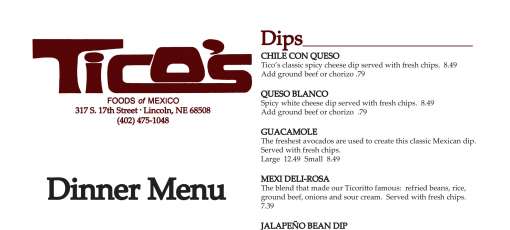 Menu for Tico's of Lincoln in Lincoln, NE | Sirved