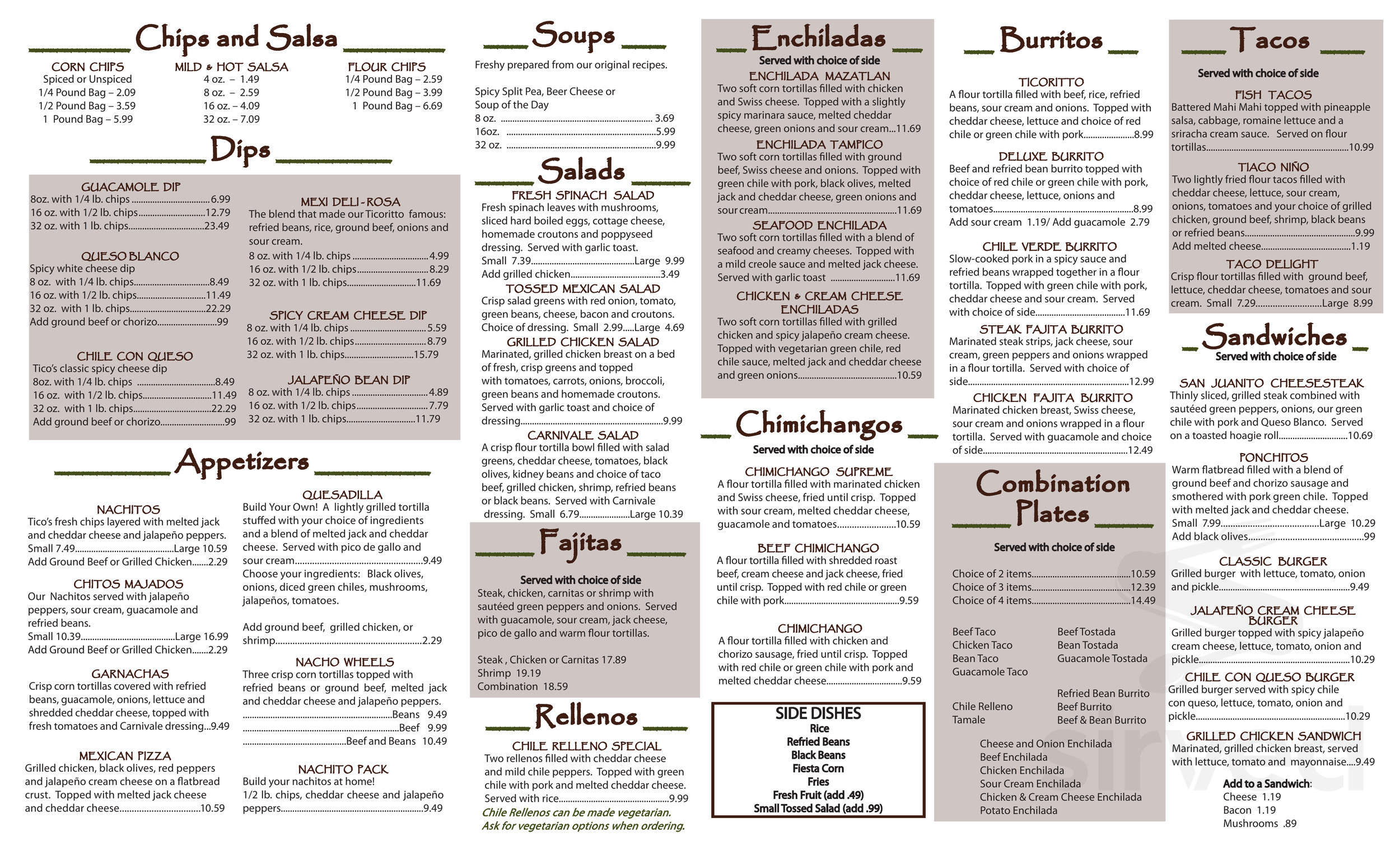 Tico's of Lincoln menu in Lincoln, Nebraska, USA