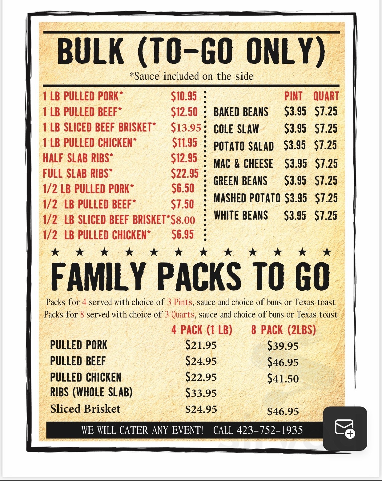 Nooga Q Smokehouse Grill menu in Chattanooga, Tennessee, USA