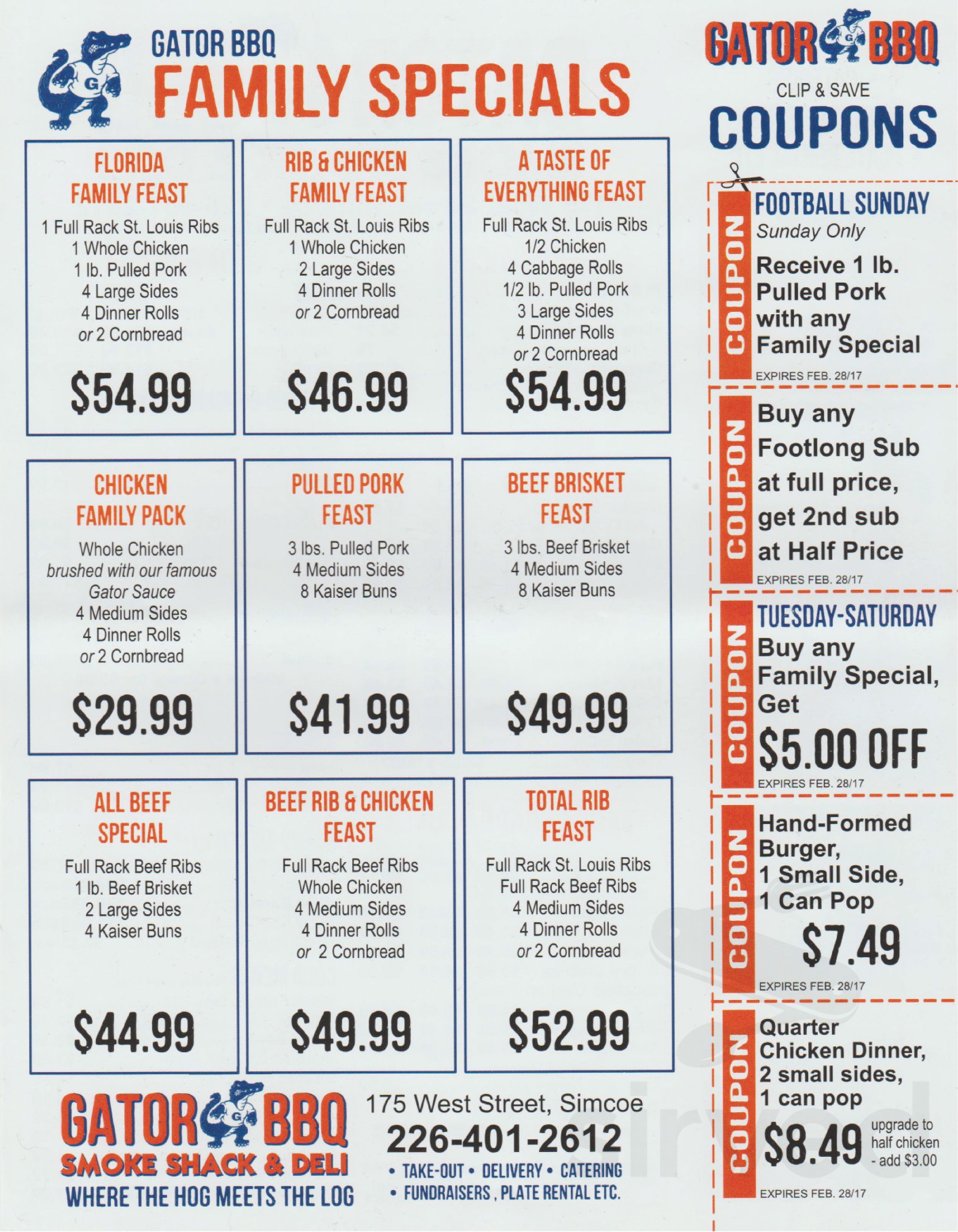 Gator BBQ menu in Simcoe, Ontario, Canada