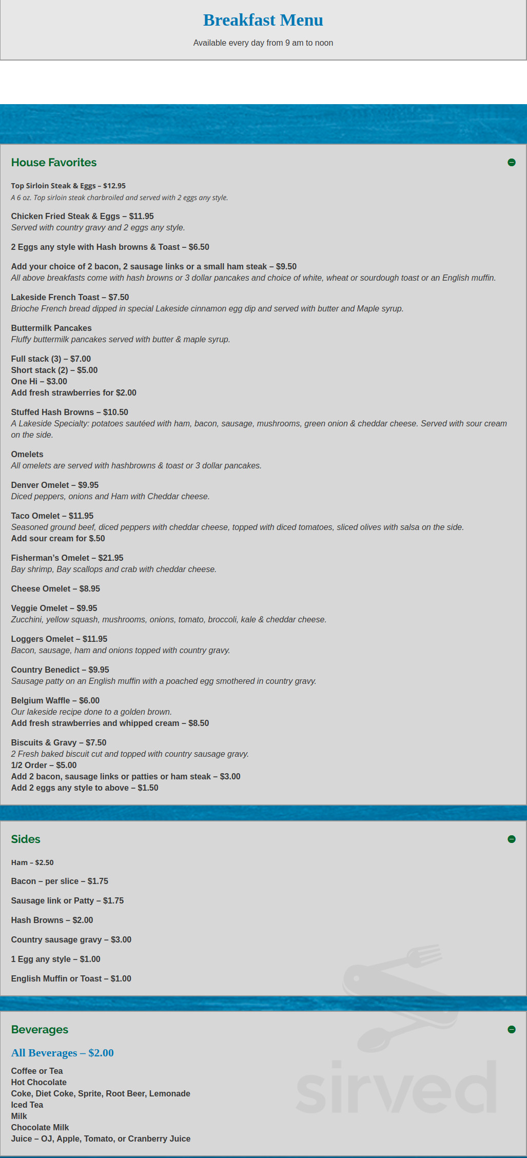 Lakeside Hideaway menu in Rockaway Beach, Oregon, USA