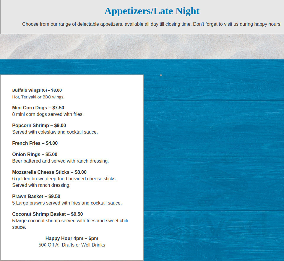 Lakeside Hideaway menu in Rockaway Beach, Oregon, USA