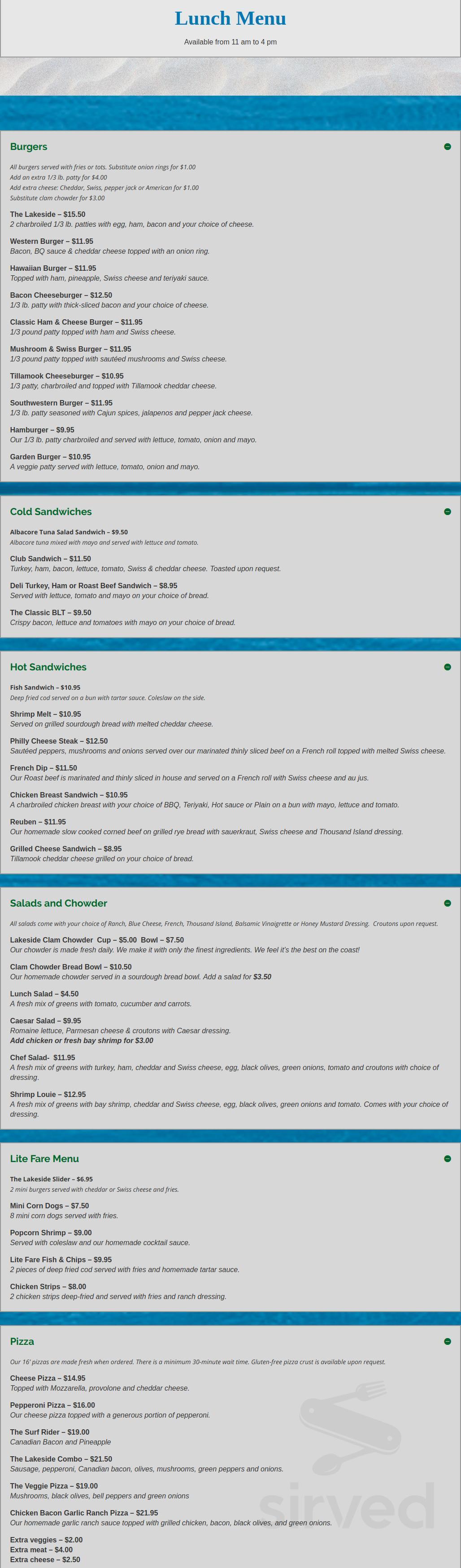 Lakeside Hideaway menu in Rockaway Beach, Oregon, USA