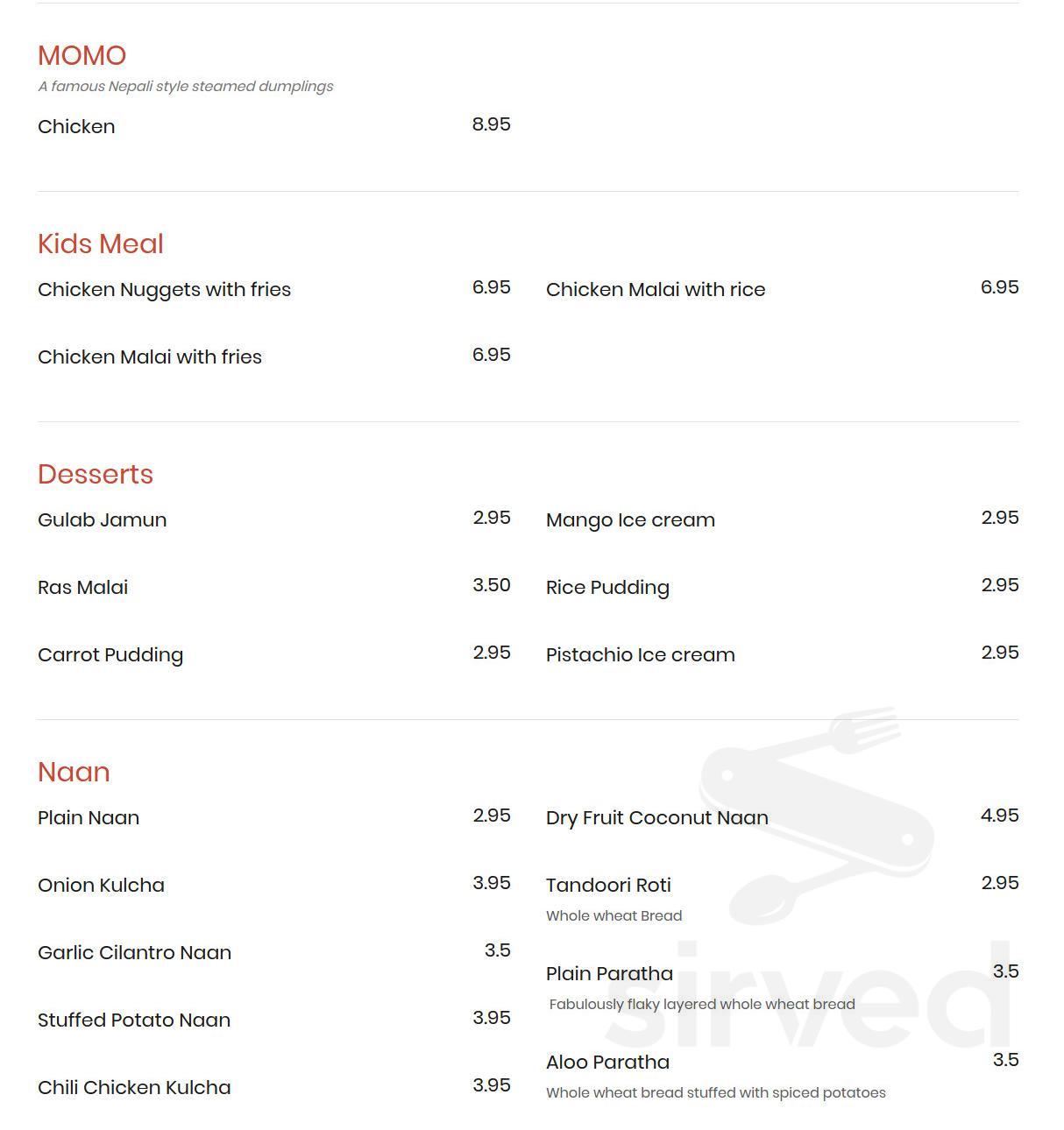 Menu - Greenfield MA's Namaste Indian/Nepalese restaurant | Sirved