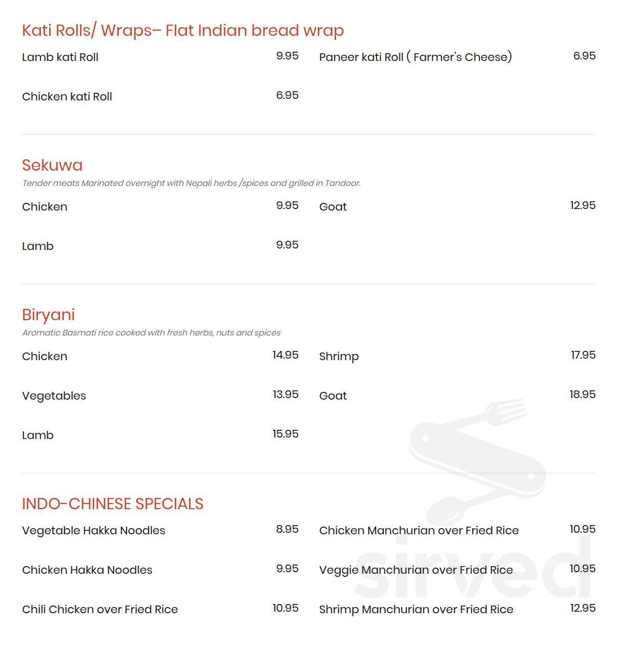 Menu - Greenfield MA's Namaste Indian/Nepalese restaurant | Sirved
