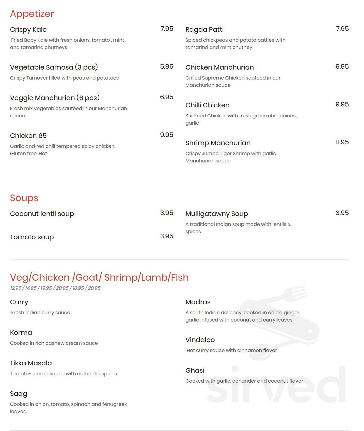 Menu - Greenfield MA's Namaste Indian/Nepalese restaurant | Sirved