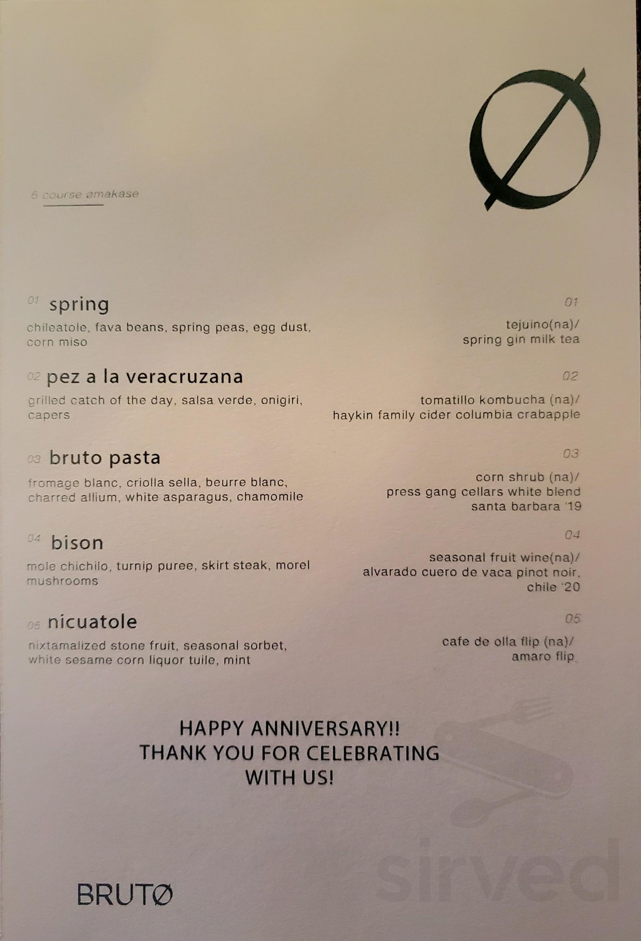 BRUTO menu in Denver, Colorado, USA