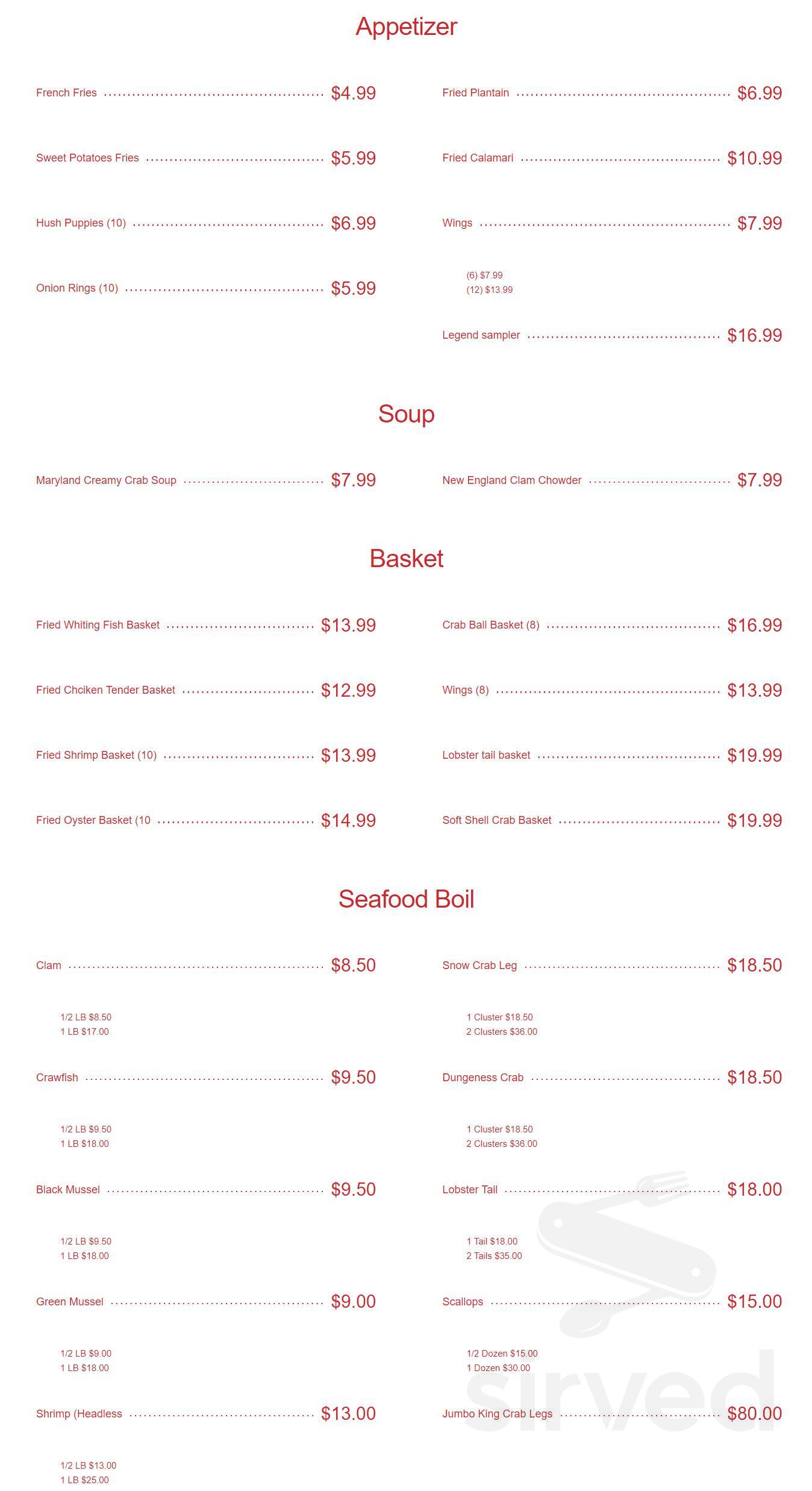 Seafood Legend Express menu in Baltimore, Maryland, USA