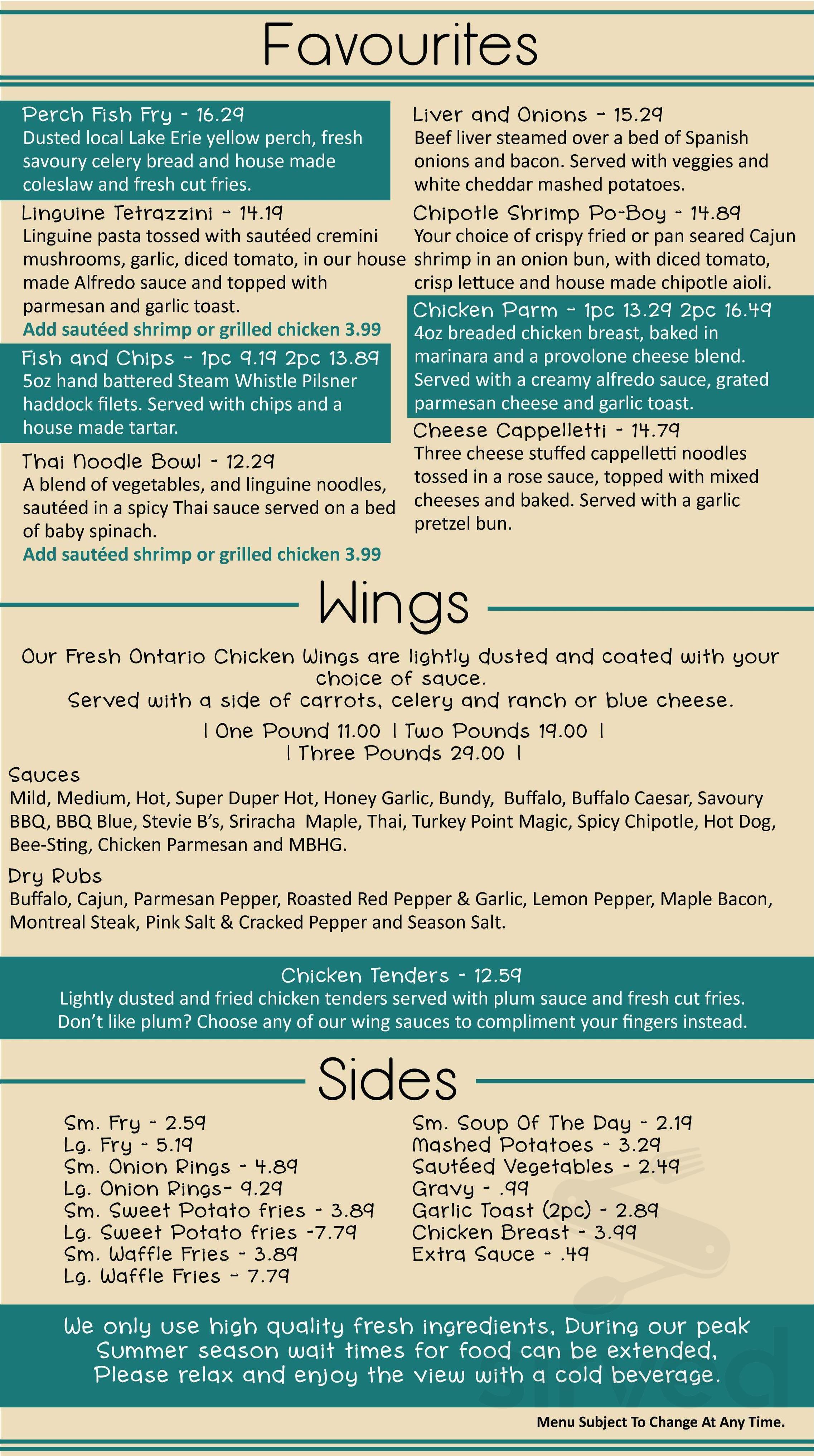 Sandbar On The Beach menu in Turkey Point, Ontario, Canada