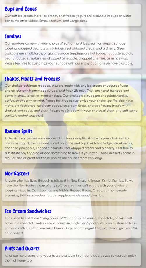 Frosty Freez menu in Middletown, Rhode Island, USA