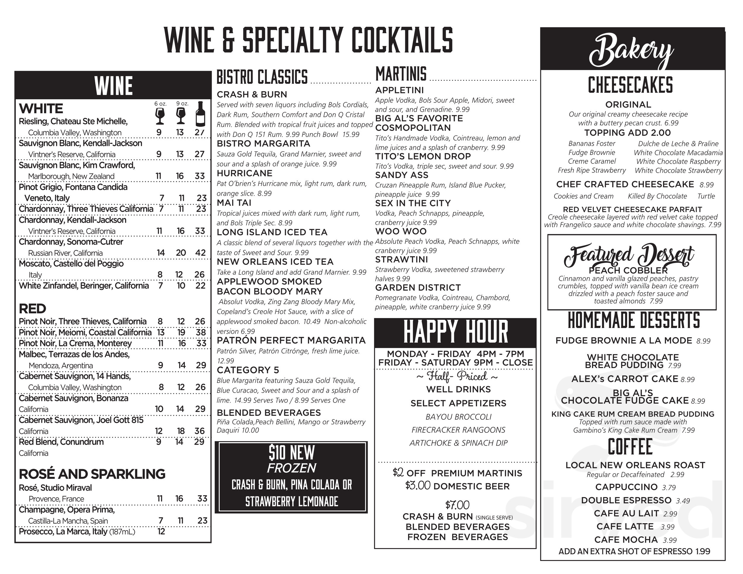 Copeland's Cheesecake Bistro menu in Baton Rouge, Louisiana, USA