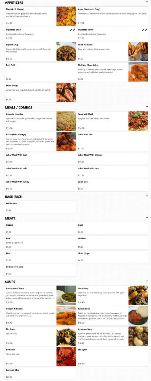 The Jollof Buka menu in Indianapolis, Indiana, USA