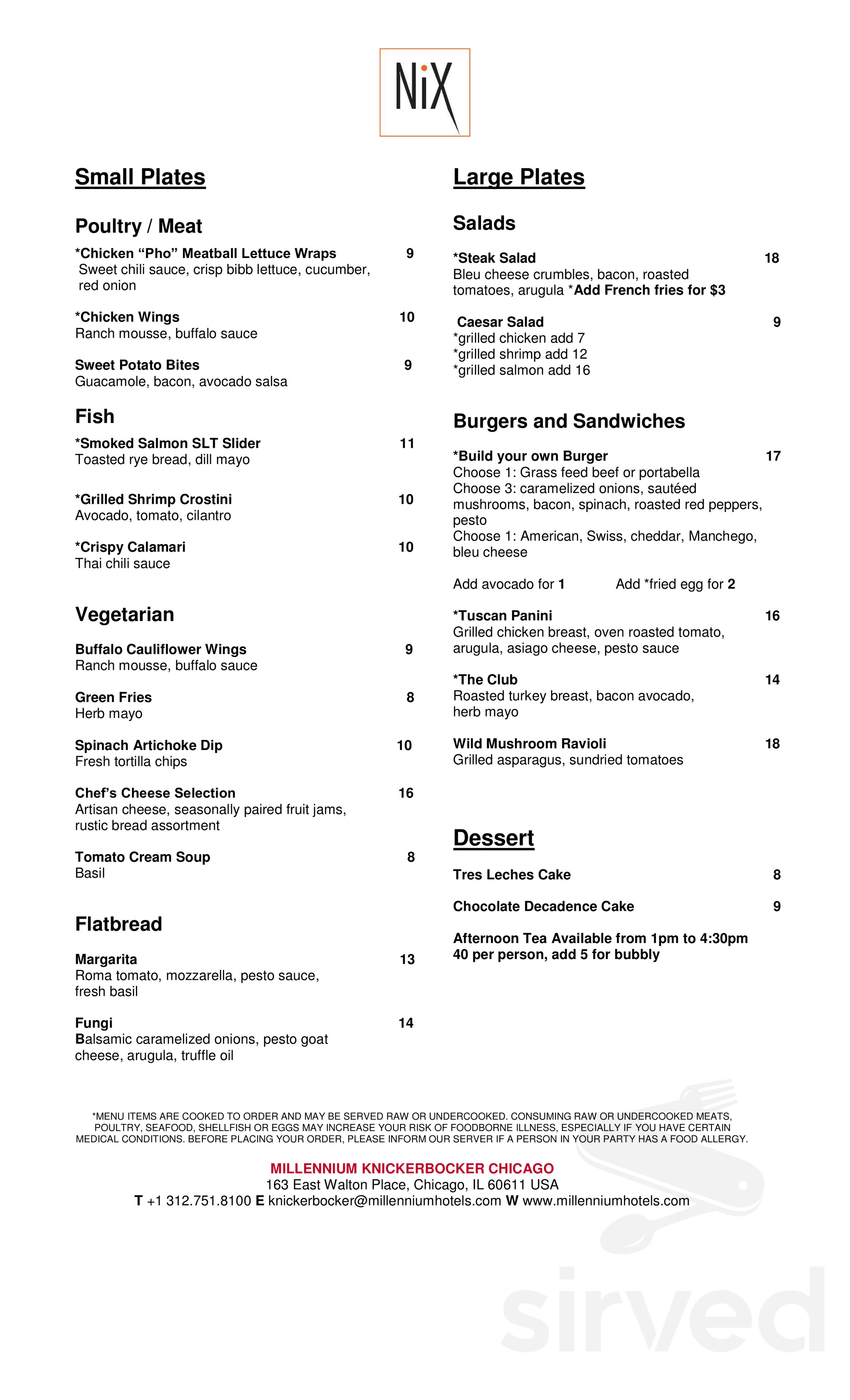 NiX menu in Chicago, Illinois, USA