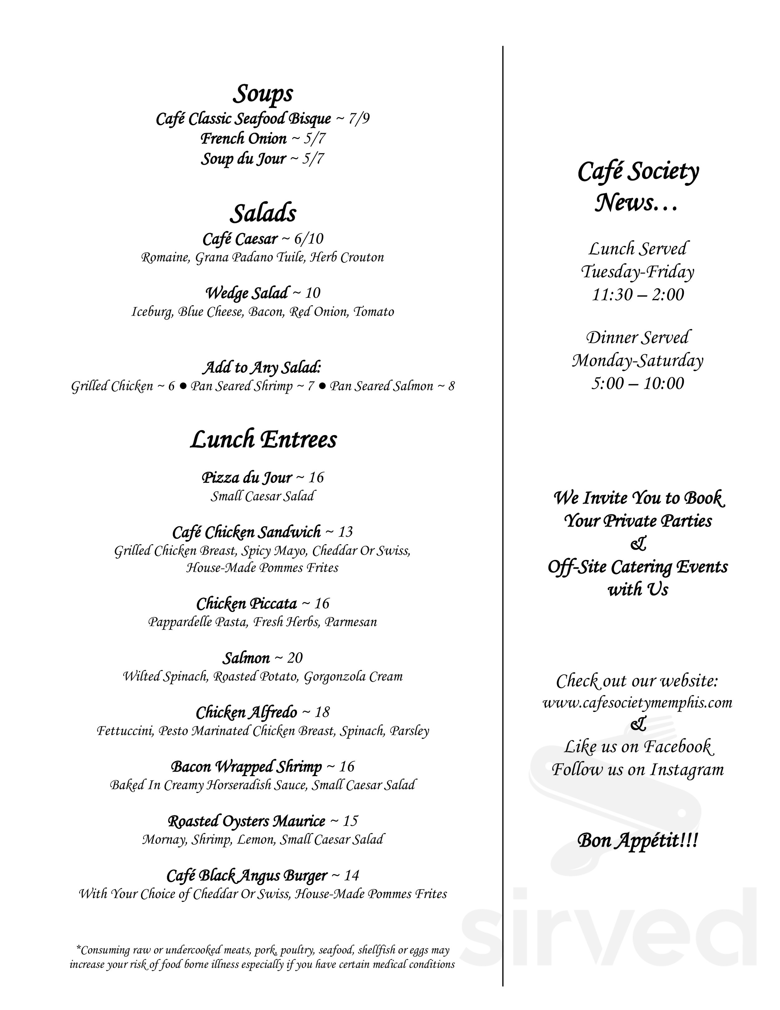 Cafe Society menu in Memphis, Tennessee, USA
