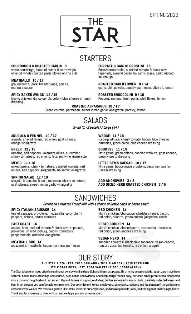 The Star Portland menu in Portland, Oregon, USA