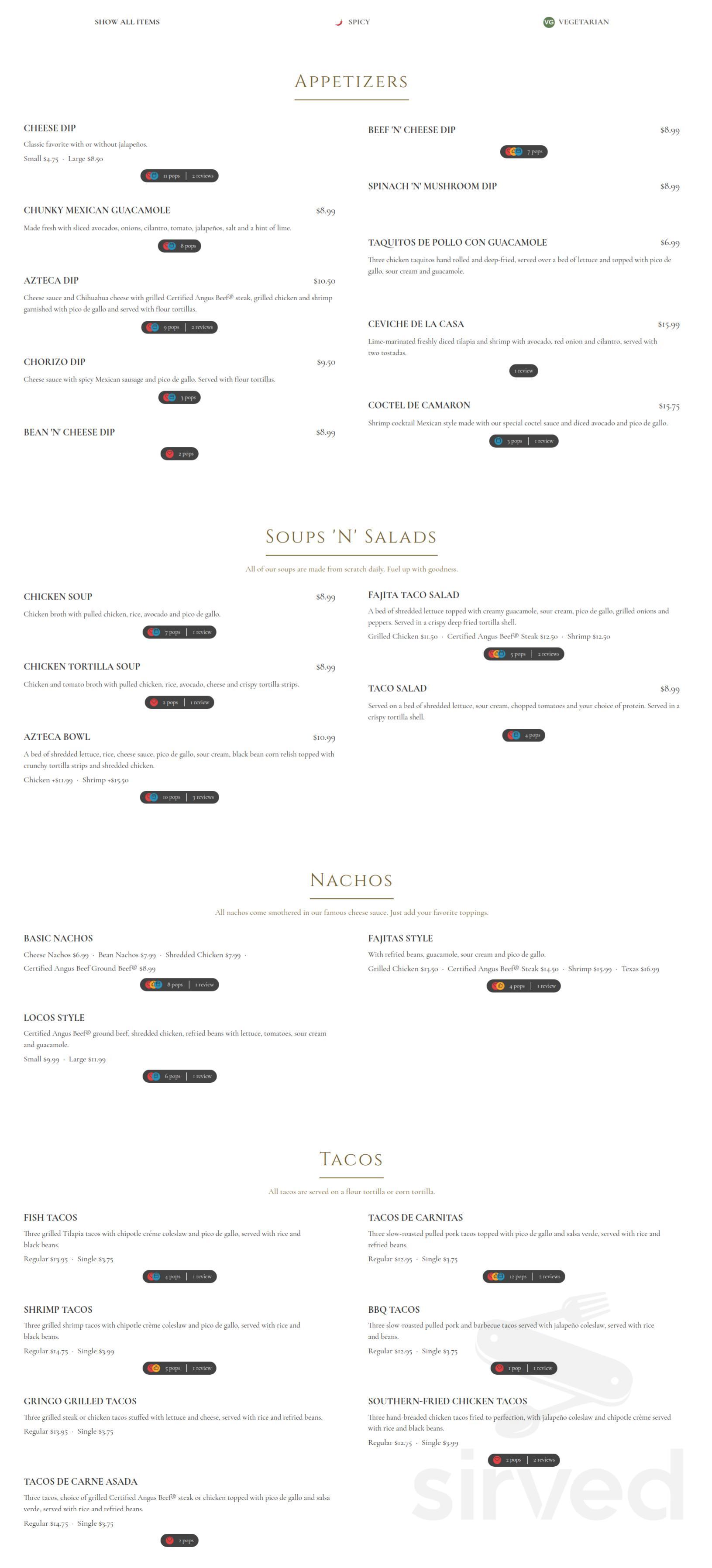 El Azteca menu in Atlanta, Georgia, USA