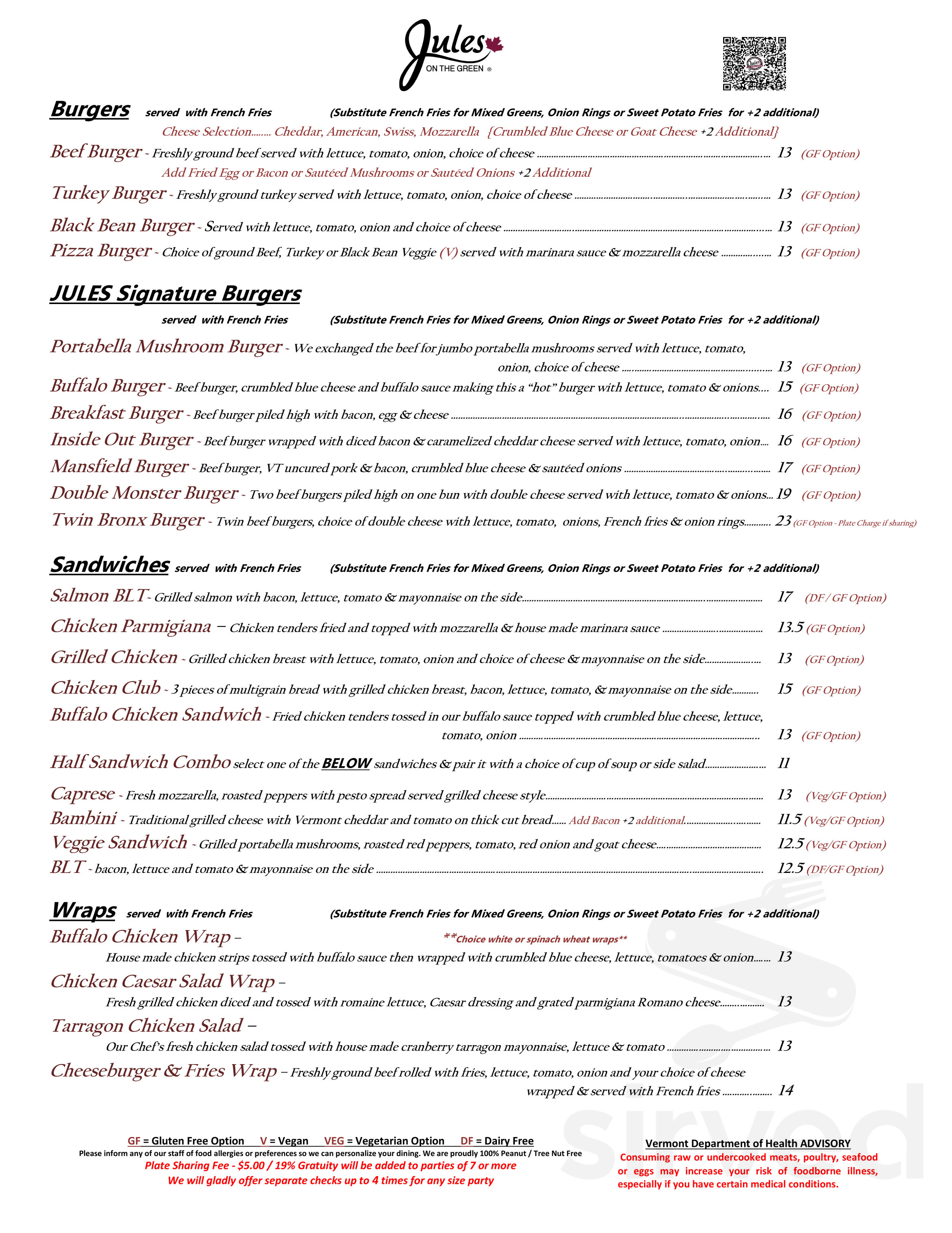 JULES on the Green menu in Essex Junction, Vermont, USA