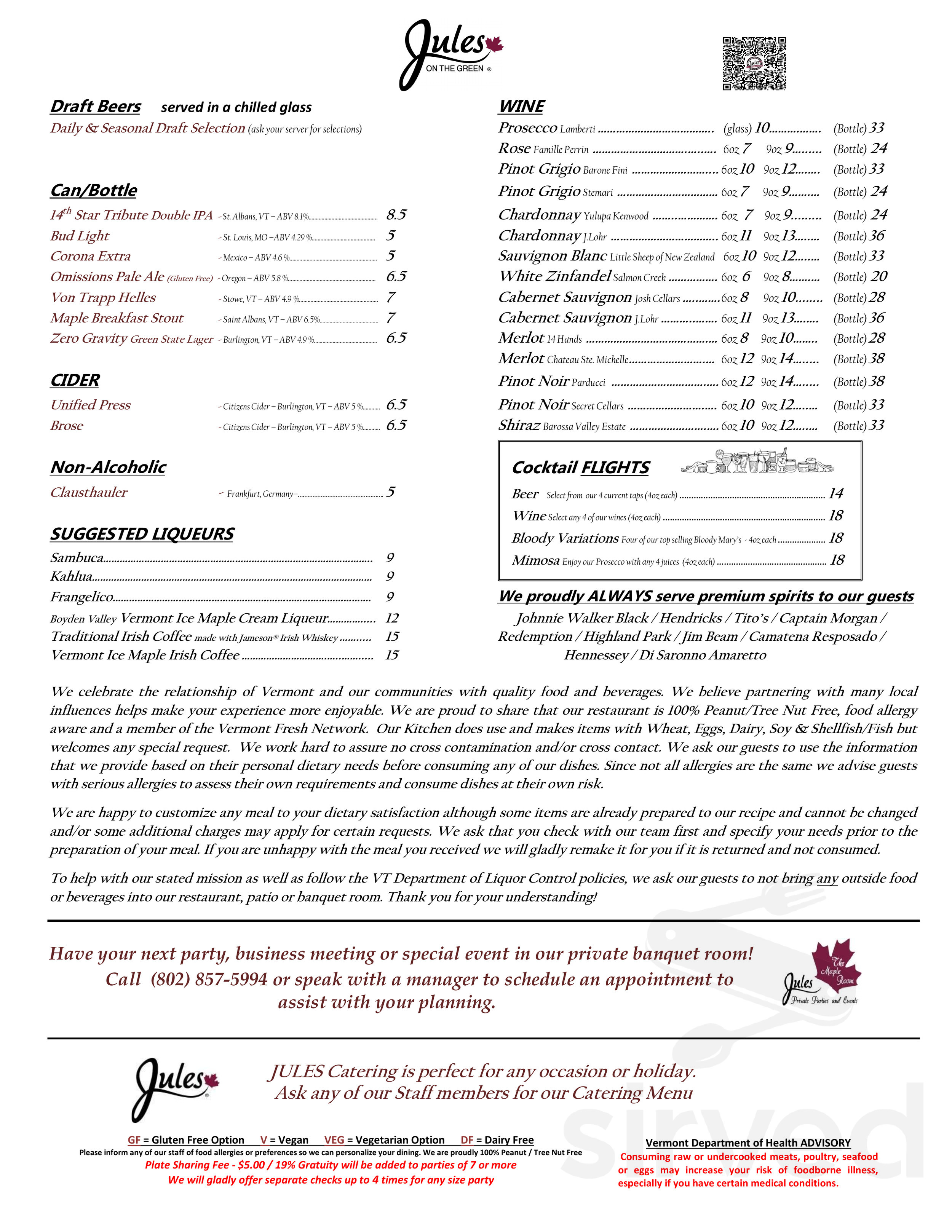 JULES on the Green menu in Essex Junction, Vermont, USA