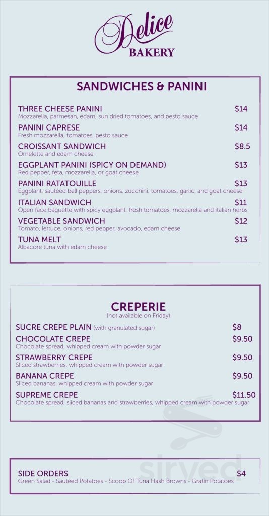 Menu - Los Angeles CA's Delice Bakery | Sirved