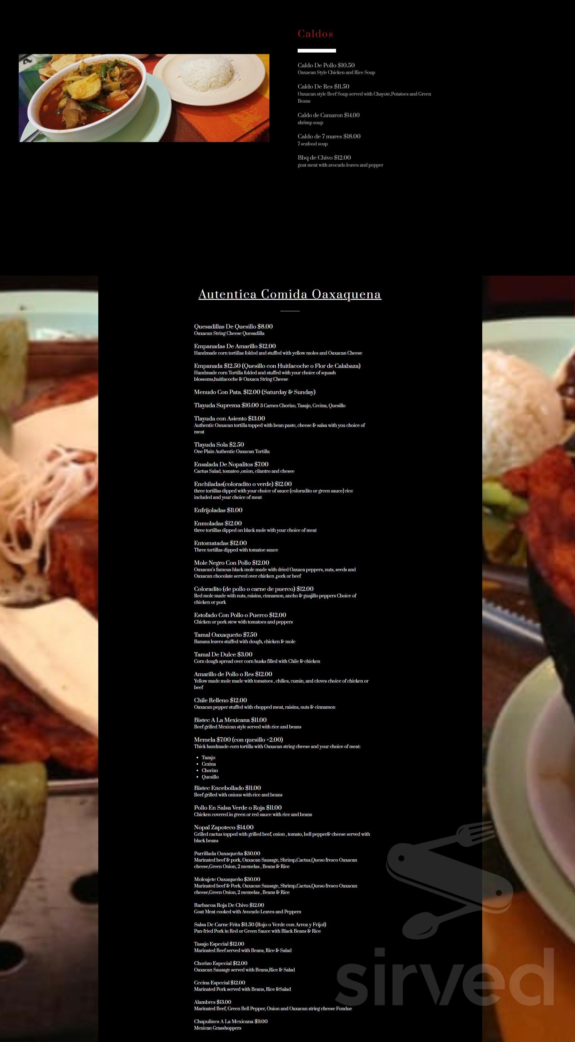 Menu - Los Angeles CA's Las 7 Regiones De Oaxaca | Sirved