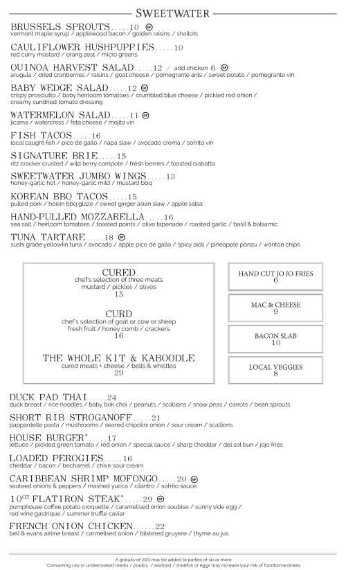 Sweetwater menu in Boynton Beach, Florida, USA