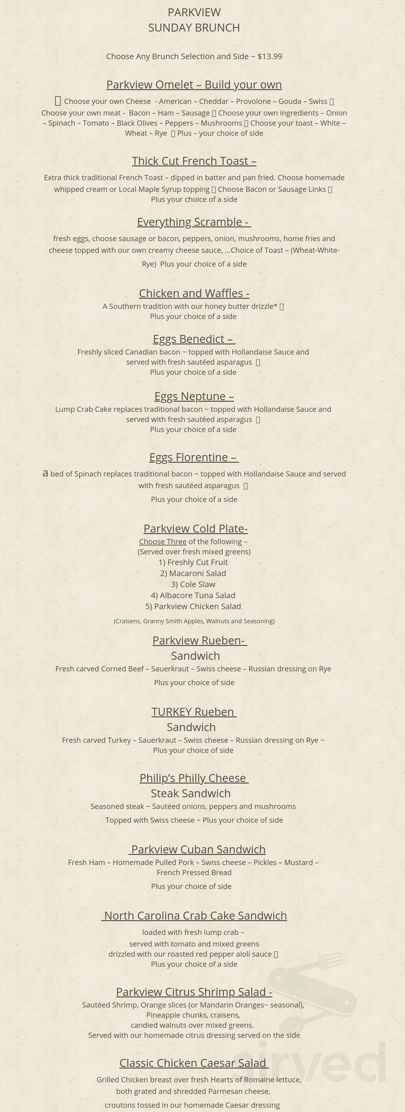 The Parkview menu in Westfield, New York, USA