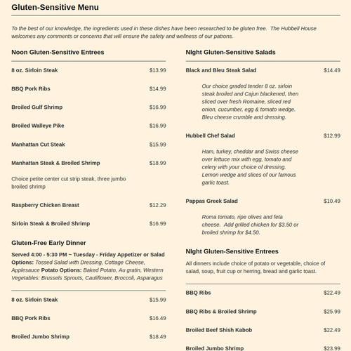 The Hubbell House menu in Mantorville, Minnesota, USA