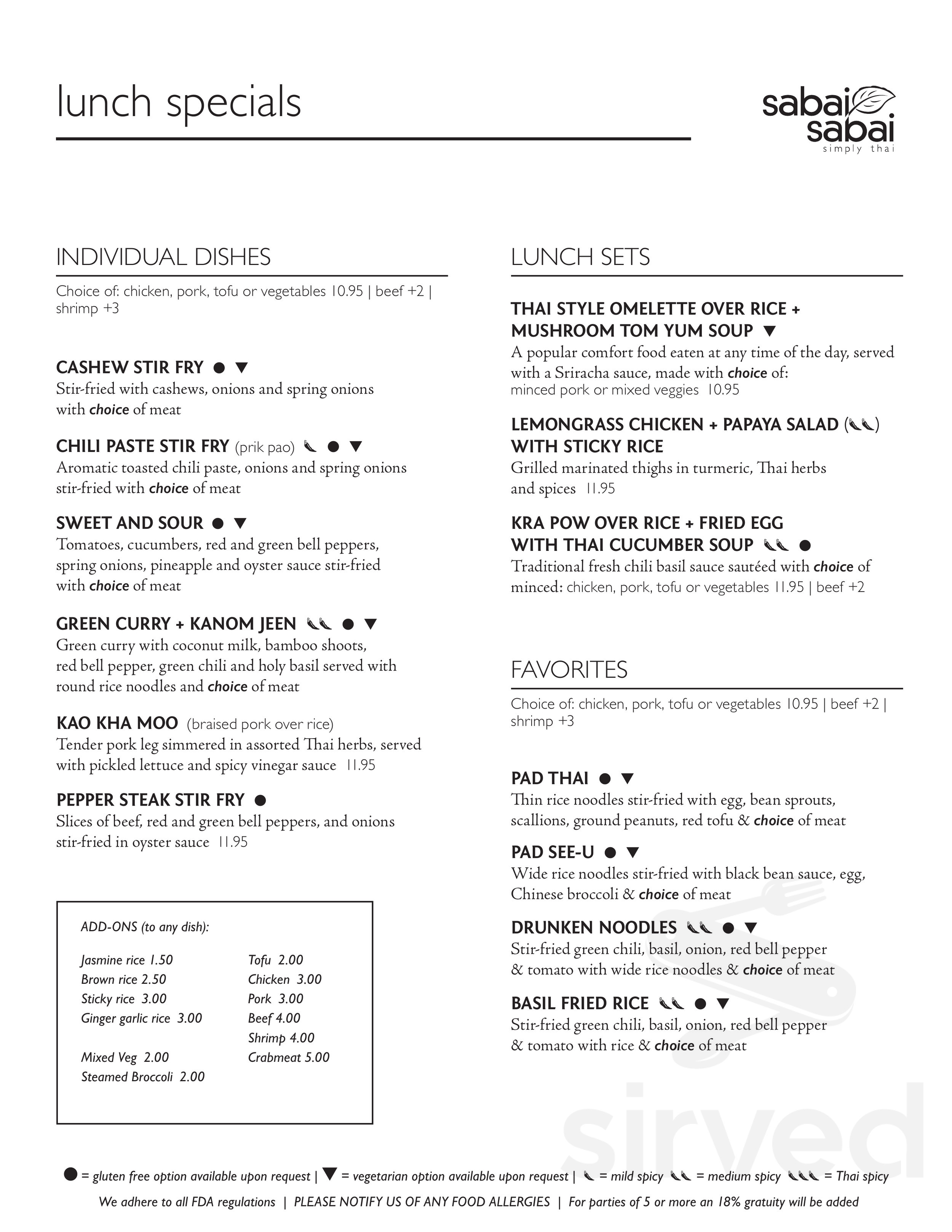 Sabai Sabai Simply Thai menus in Germantown, Maryland, United States