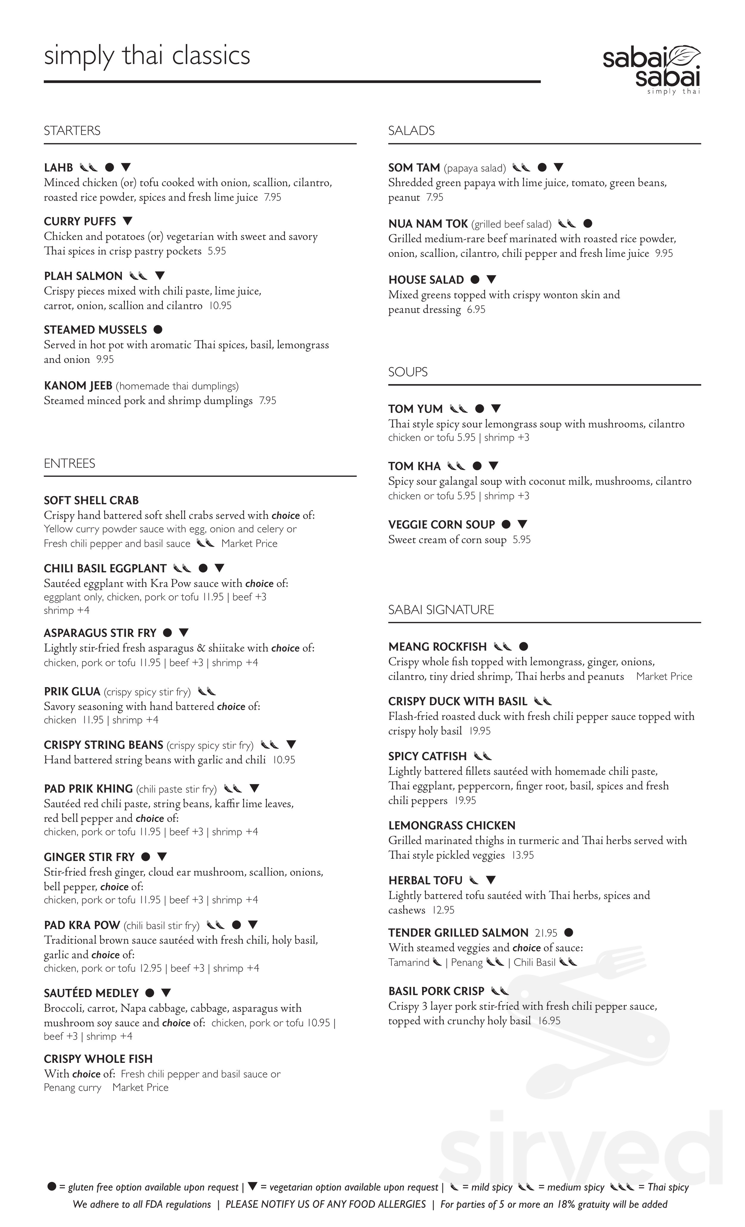 Sabai Sabai Simply Thai menus in Germantown, Maryland, United States