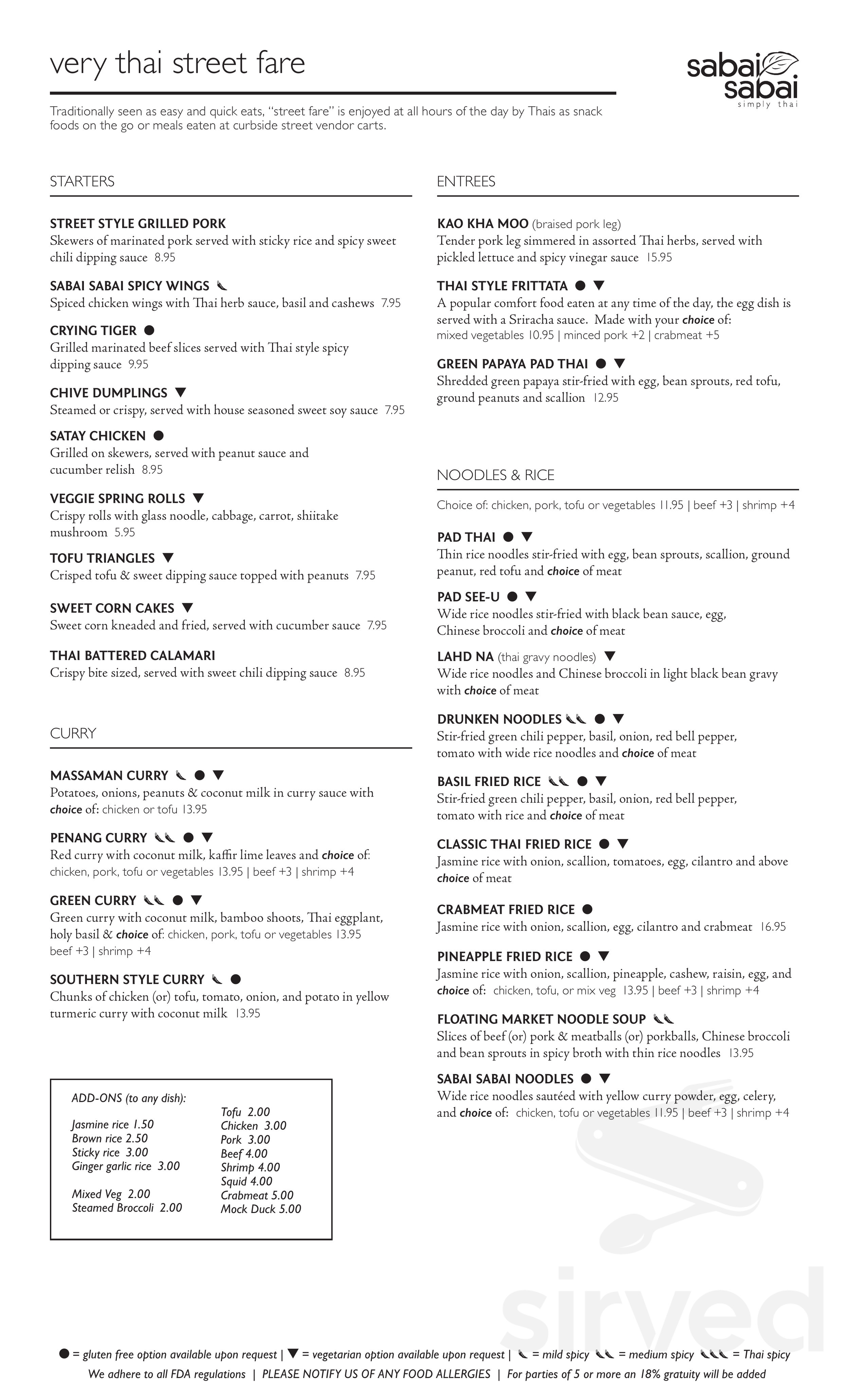 Sabai Sabai Simply Thai menus in Germantown, Maryland, United States