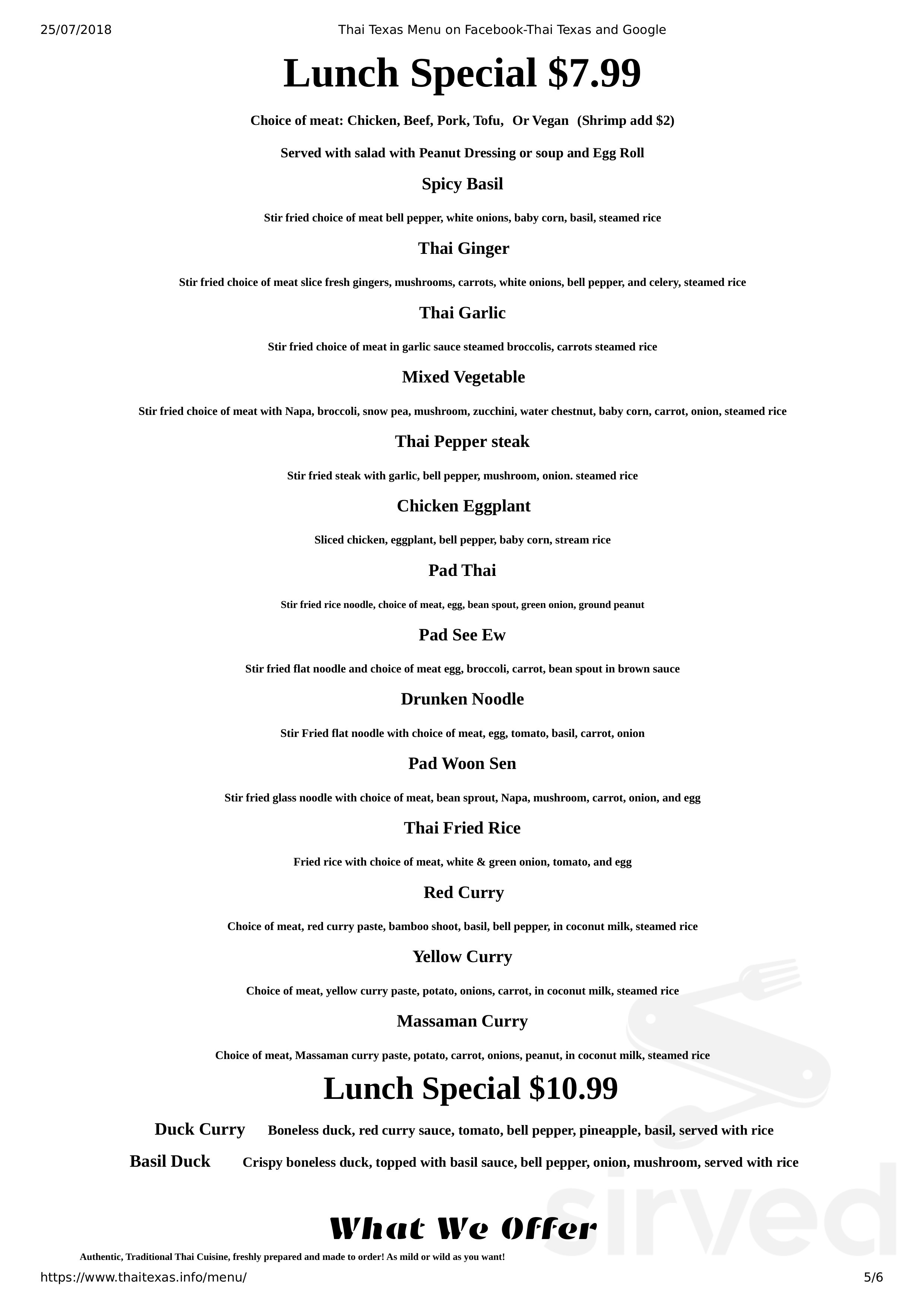Menu - Arlington TX's Thai Texas | Sirved