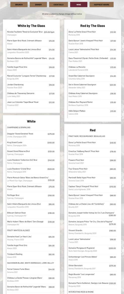 The Statler French American Bistro menu in Detroit, Michigan, USA