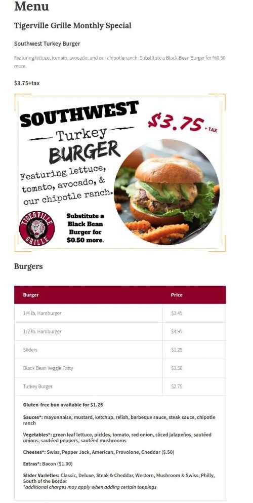 Tigerville Grille menu in Campbellsville, Kentucky, USA