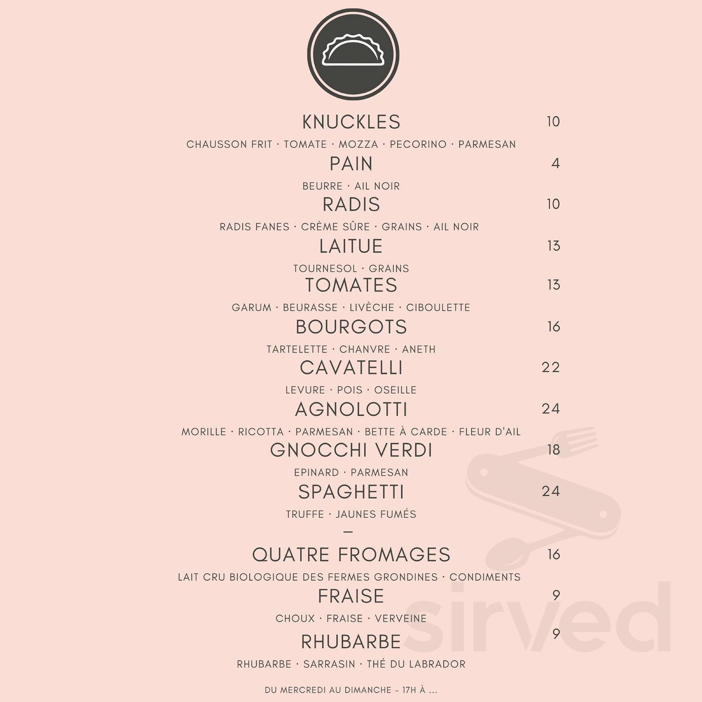 Knuckles Cantine & Vins menus in Montréal, Quebec, Canada