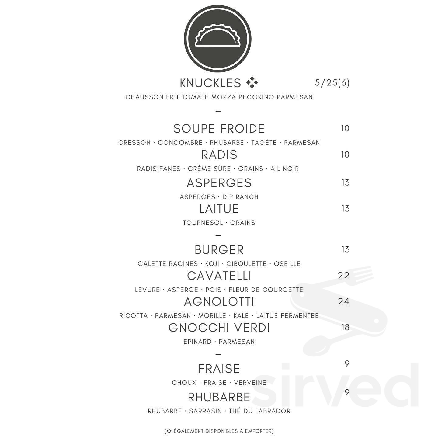 Knuckles Cantine & Vins menus in Montréal, Quebec, Canada
