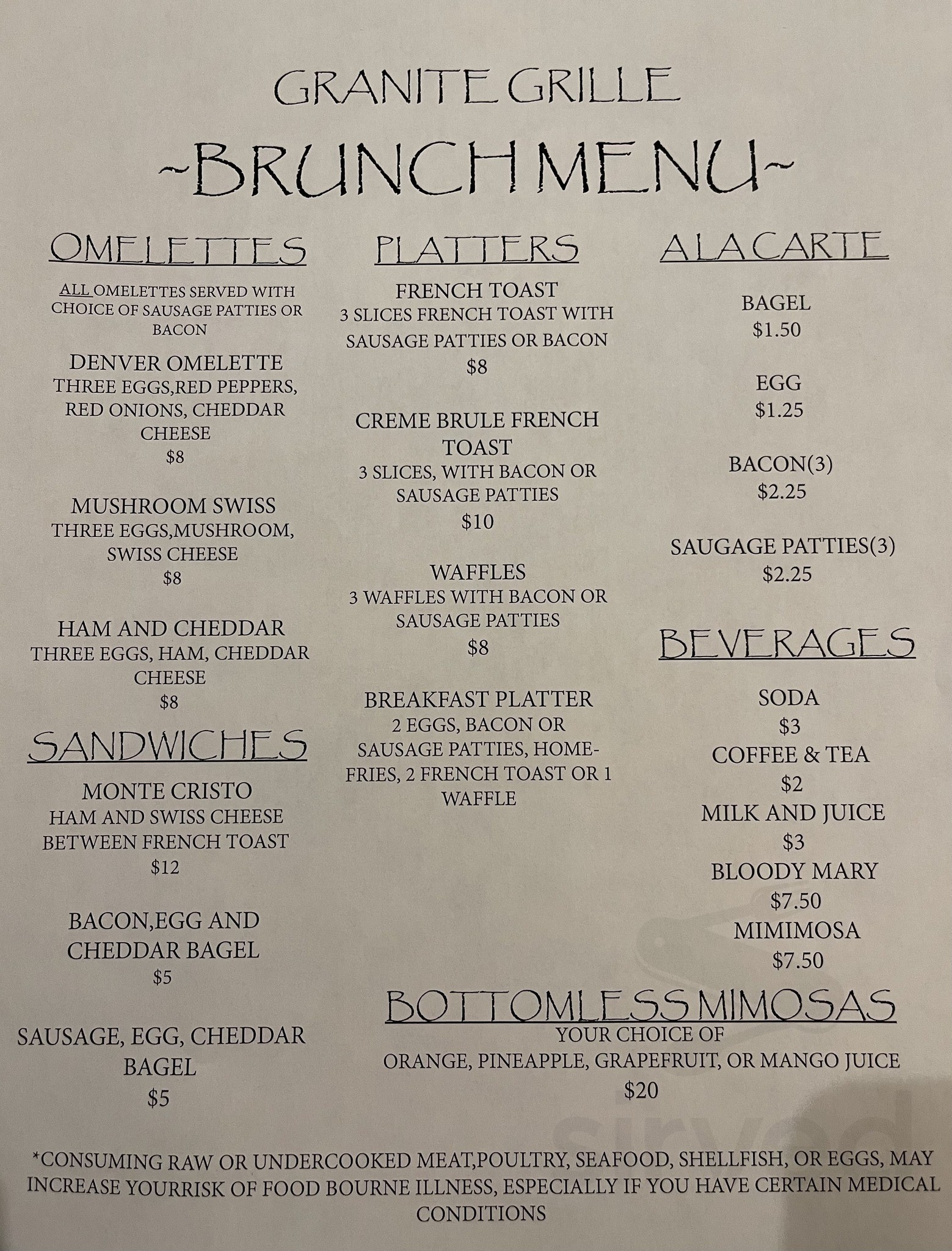 Granite Grille, Medina menu in Medina, Ohio, USA