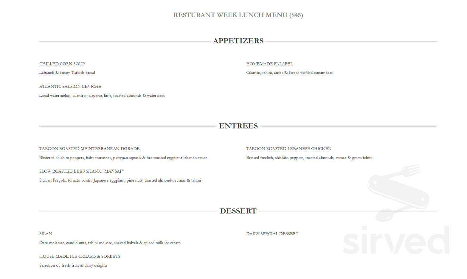 Barbounia menu in New York, New York, USA