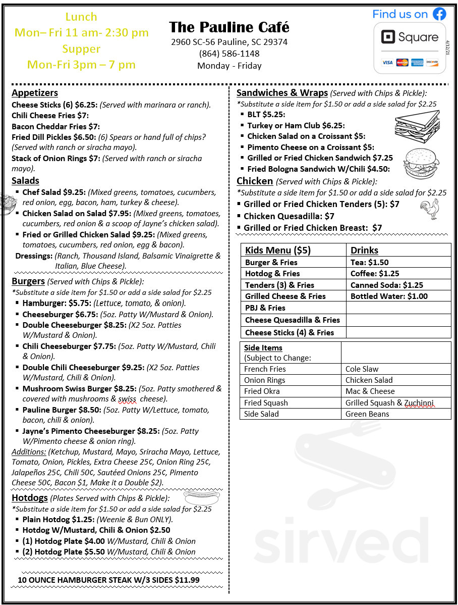The Pauline Cafe menu in Pauline, South Carolina, USA