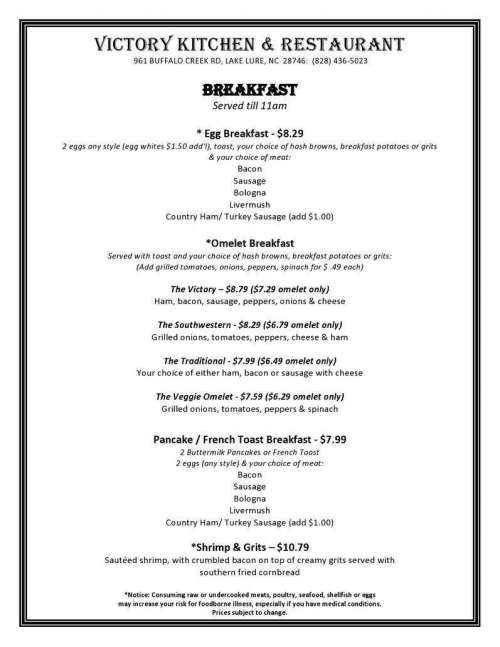 Victory Kitchen menu in Lake Lure, North Carolina, USA