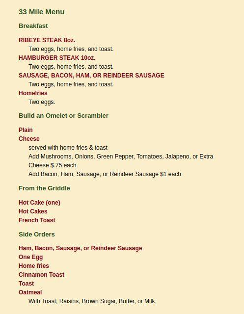 Thirty-Three Mile Roadhouse menu in Haines, Alaska, USA