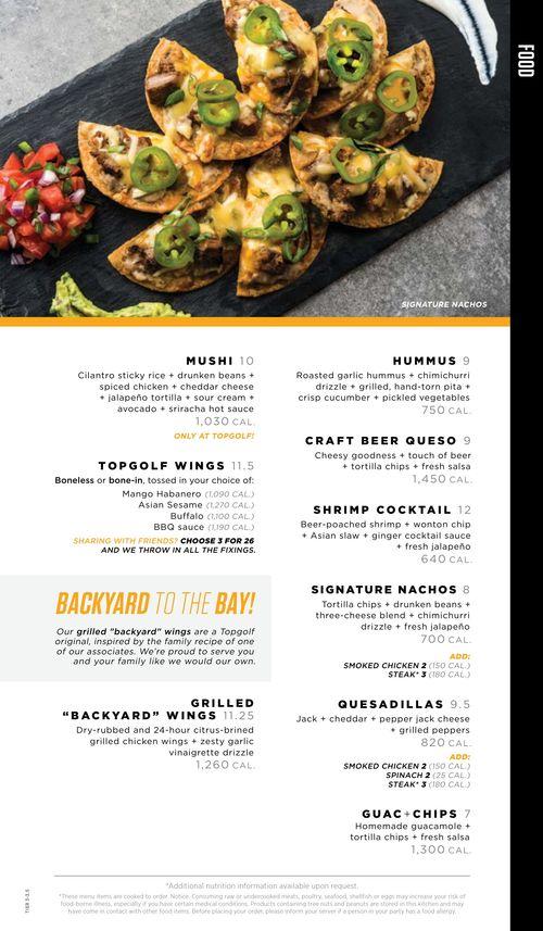 Topgolf menu in Augusta, Georgia, USA