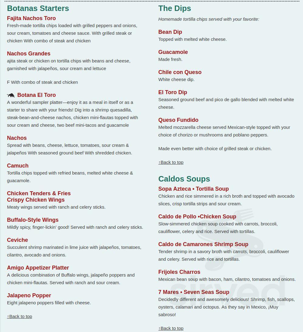 EL Toro Mexican Restaurant menu in Louisville, Kentucky, USA