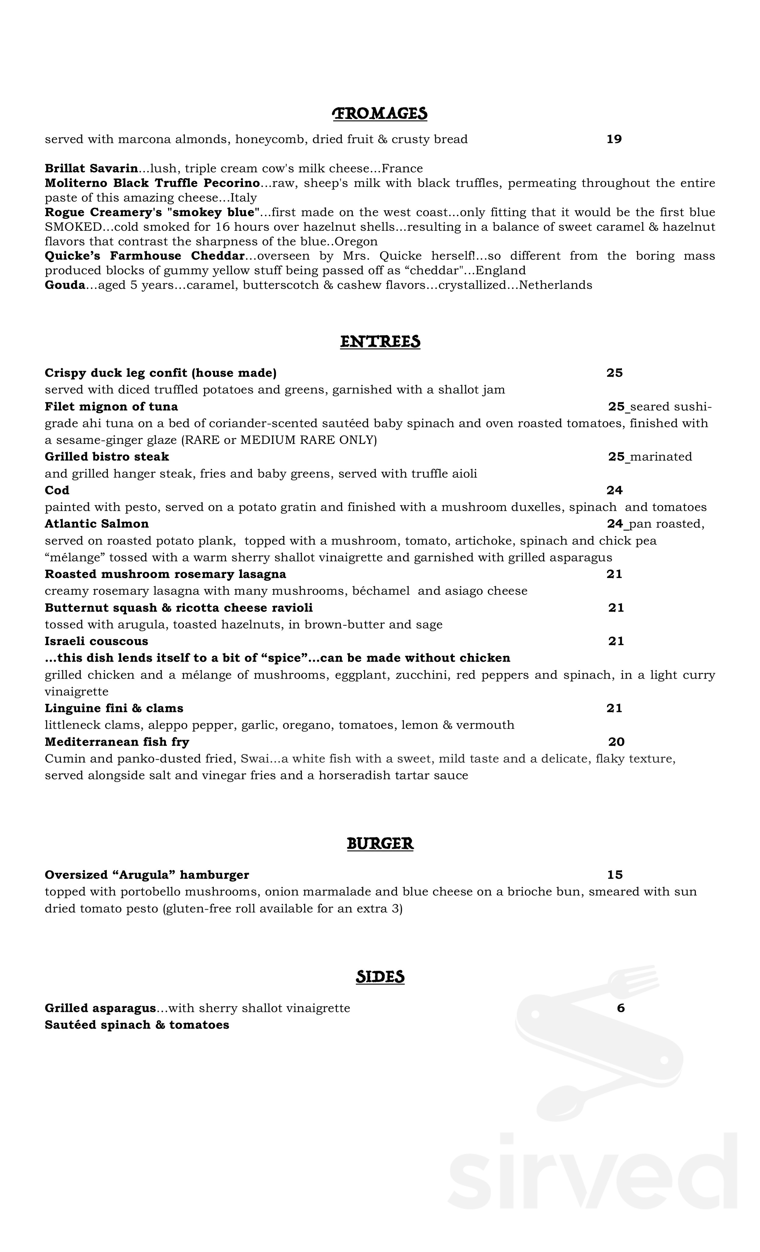 Menu - West Hartford CT's Arugula Bistro | Sirved