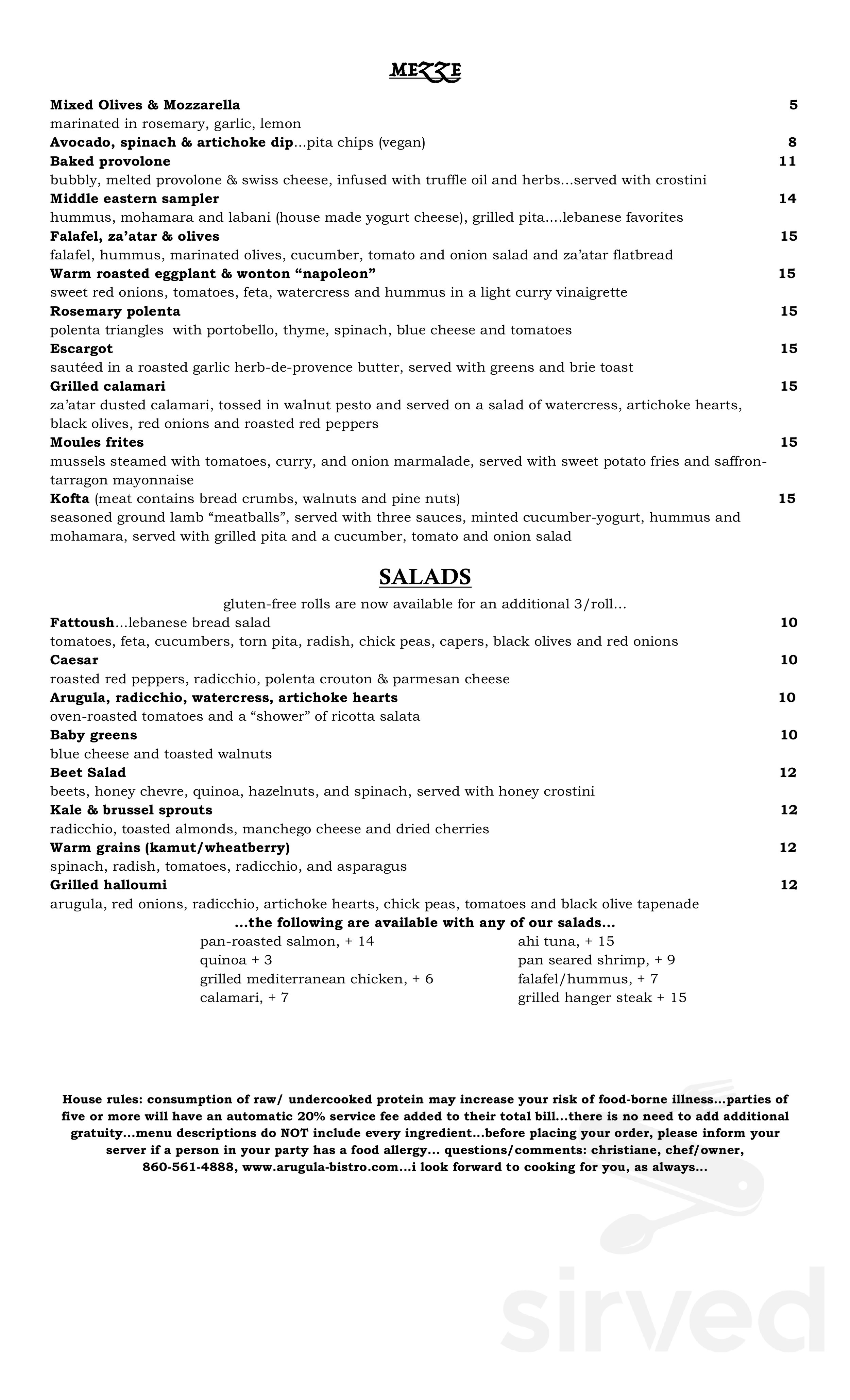 Arugula Bistro menu in West Hartford, Connecticut, USA