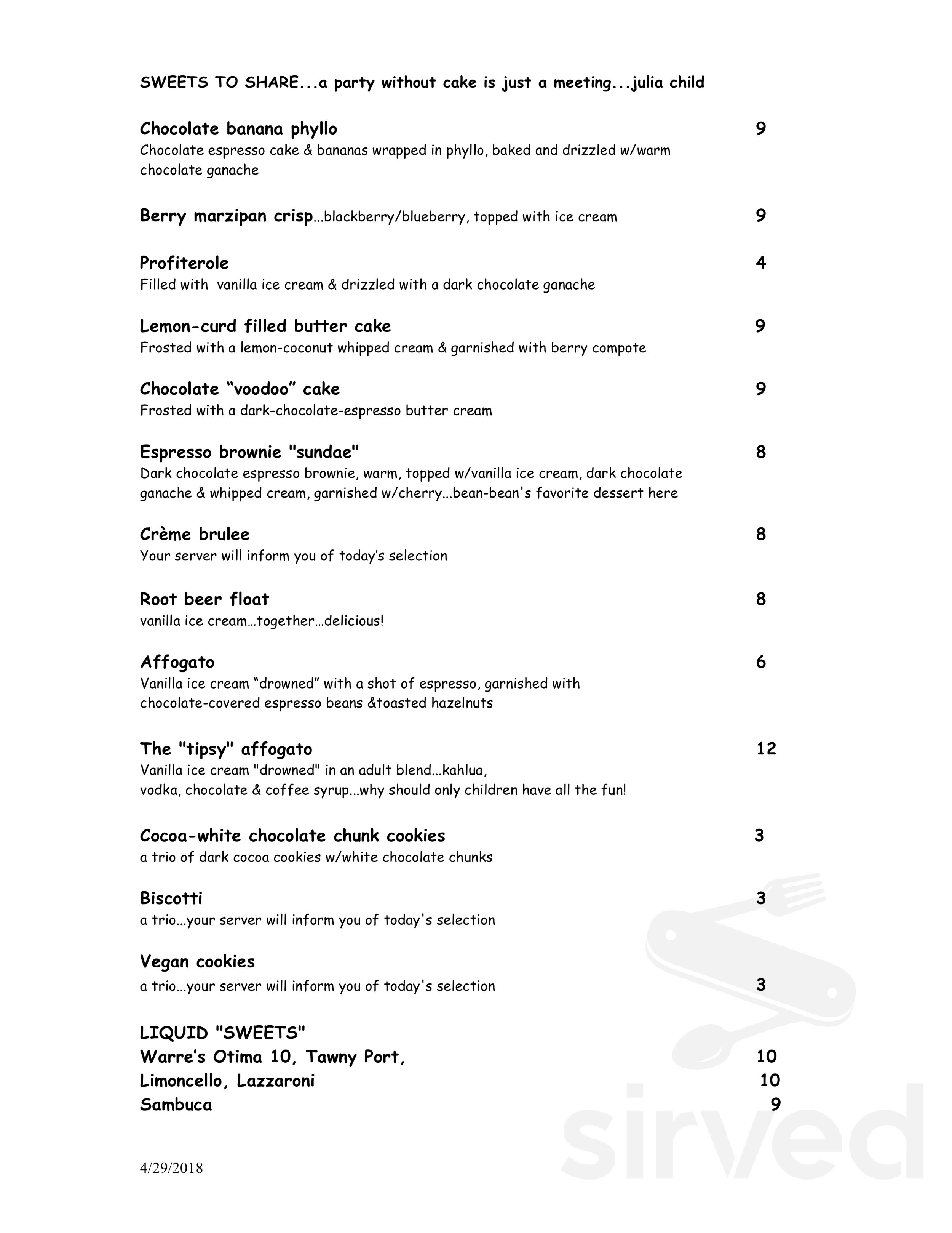 Arugula Bistro menu in West Hartford, Connecticut, USA