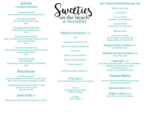 Sweeties menu in Naples, Florida, USA