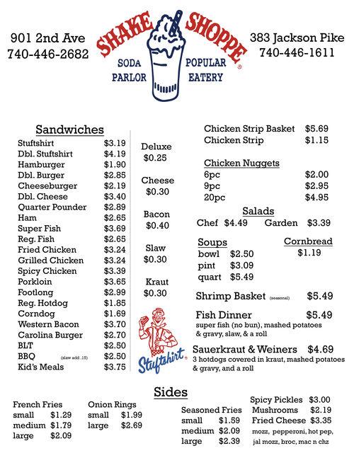 Shake Shoppe menu in Gallipolis, Ohio, USA