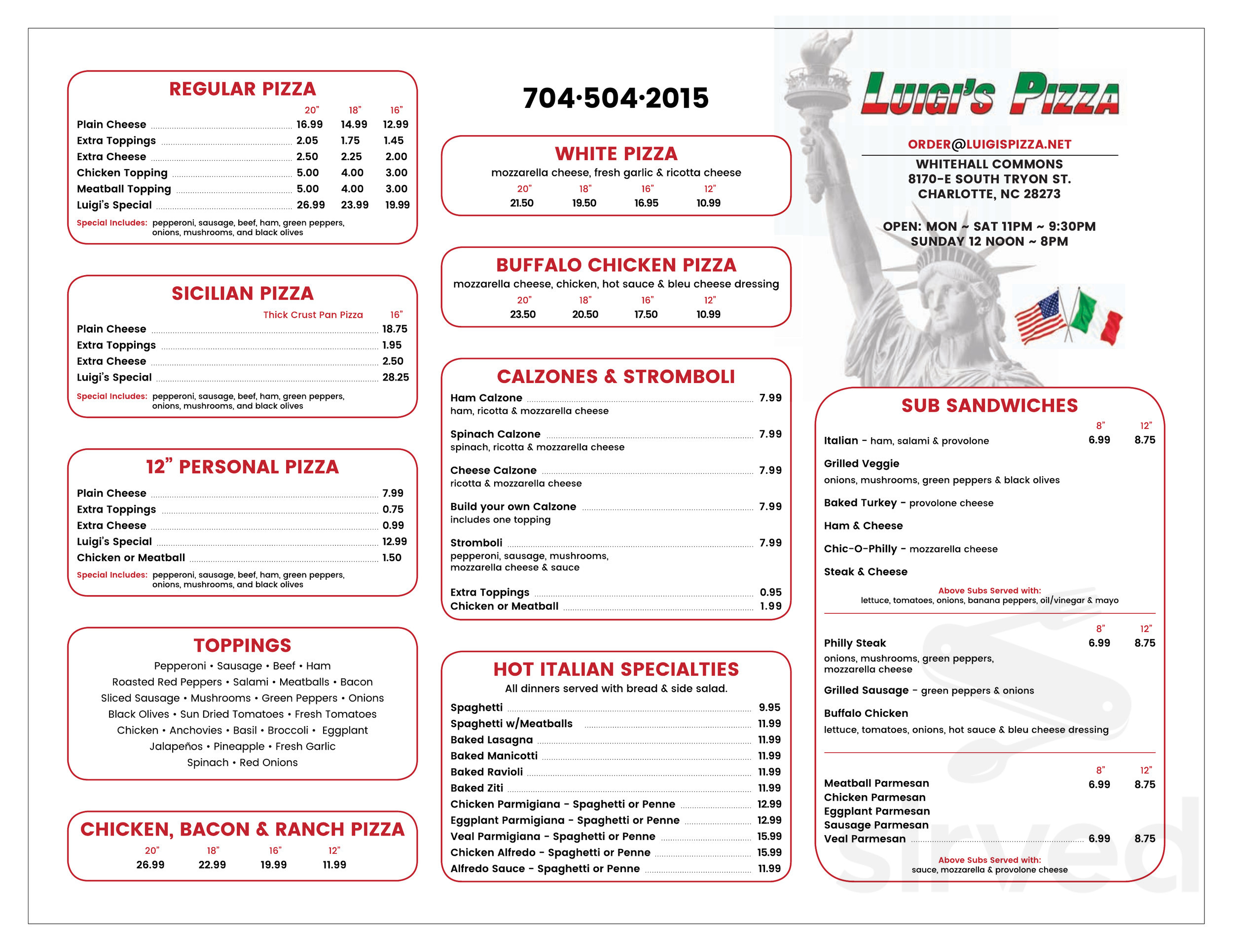 Luigi's Pizza menu in Charlotte, North Carolina, USA