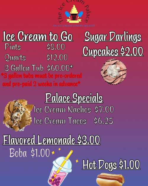 The Ice Cream Palace menu in Port Richey, Florida, USA