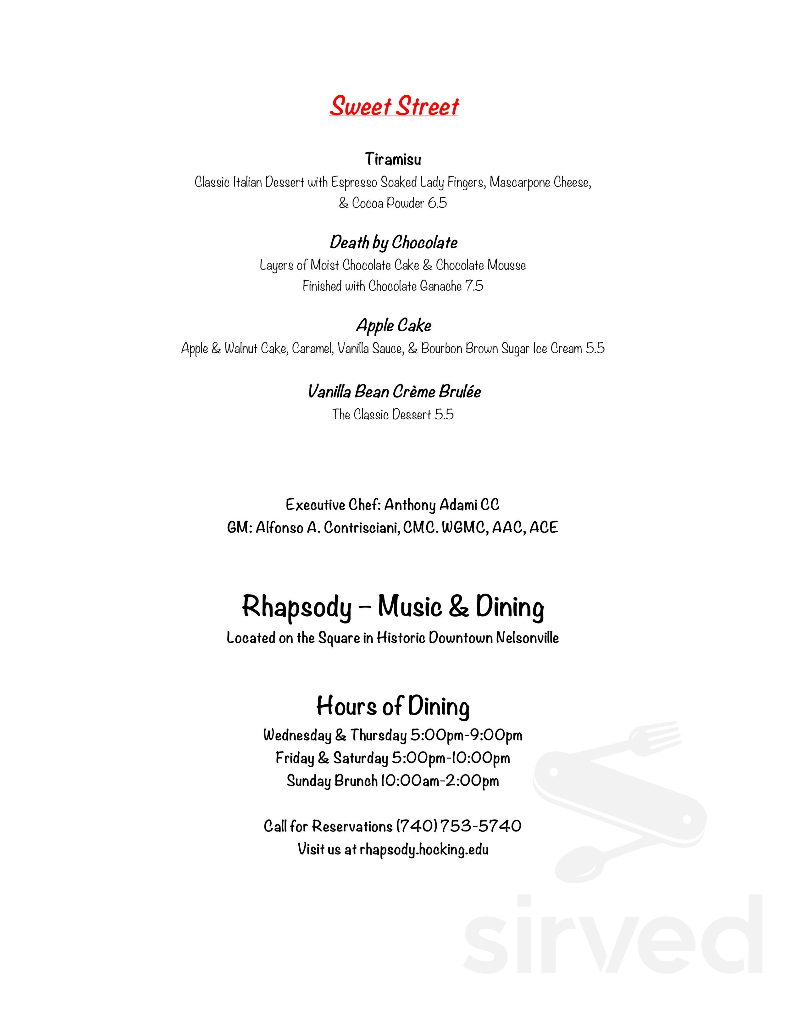 Rhapsody Restaurant menu in Nelsonville, Ohio, USA